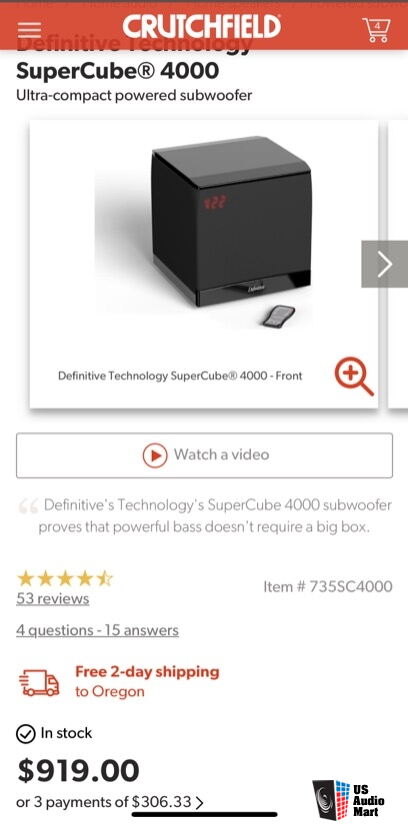 Definitive Technology SuperCube 4000 Powered Subwoofer-1200 Watts RMS ...