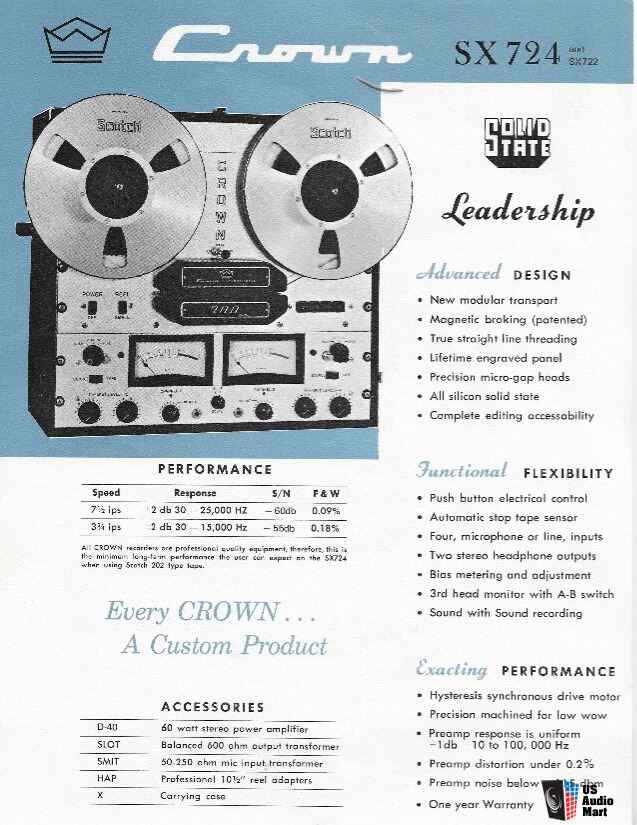 CROWN SX 724 Studio 2 speed - 3 3/4 and 7 1/2 ips - 1/4 track tape ...
