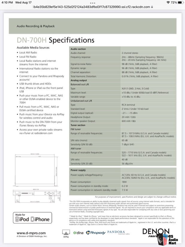 Denon Professional DN700-H Rack Mount Tuner, XLR, Remote, etc READ ...