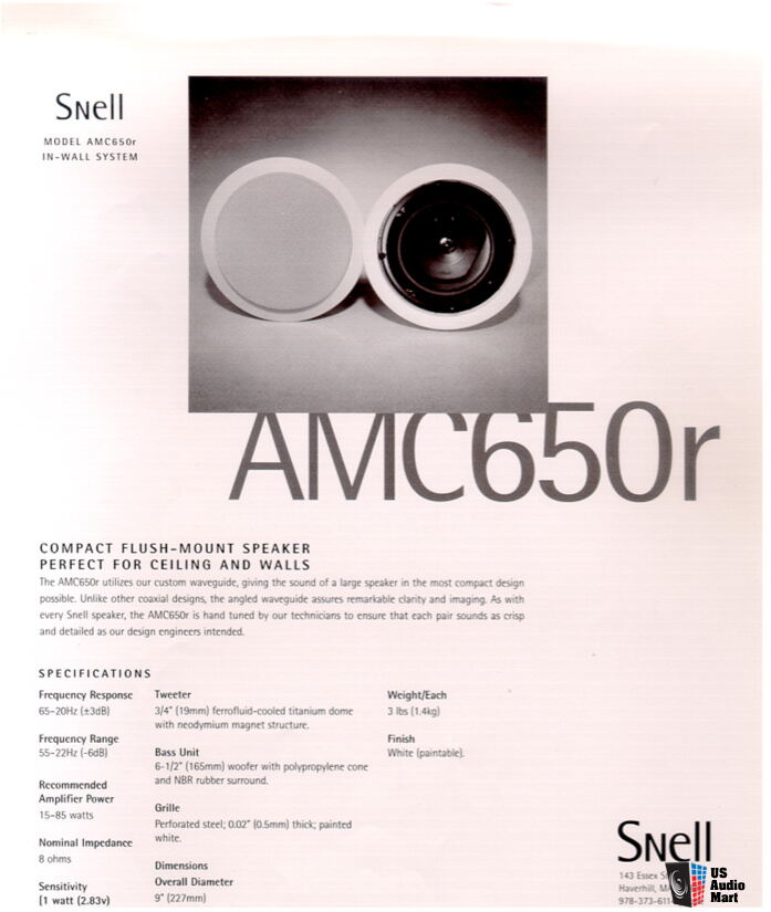 Snell AMC 650R in-wall/in-ceiling speakers, rare NOS, brand new, $600 ...