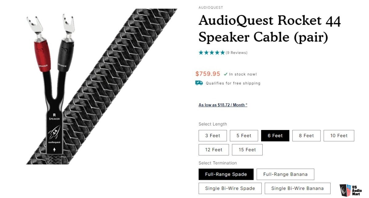 Audioquest Rocket 44 Full Range 6 foot pair all spade terminations ...