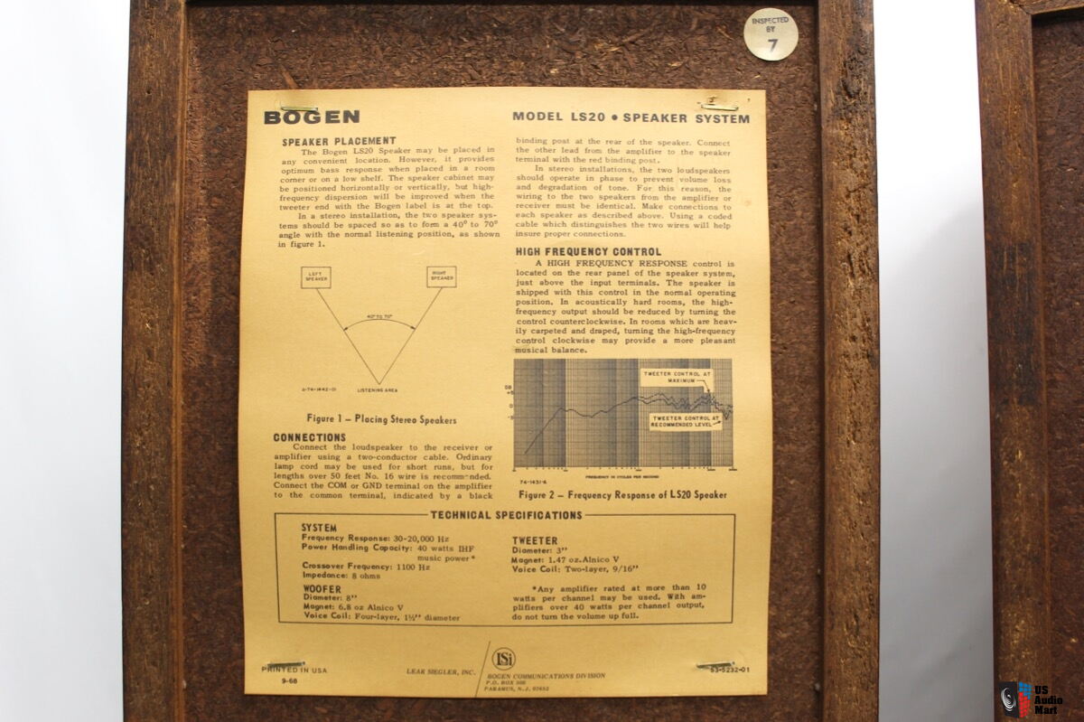 RARE *60'S Vintage Bogen MODEL LS20 Speakers (Lear Siegler) Foster ...