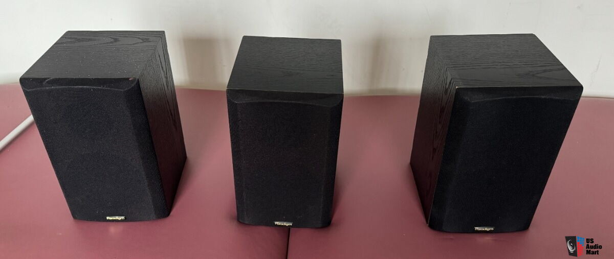 3) black Paradigm Atom V2 bookshelf speakers with (2) stands Photo ...