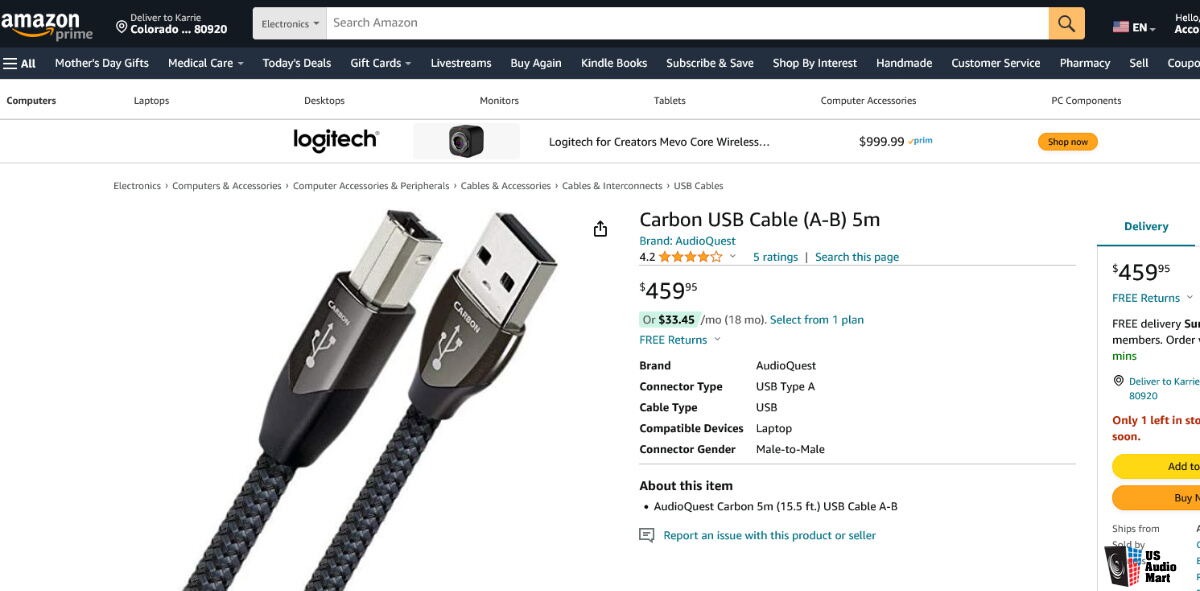 AudioQuest Carbon USB Cable - 5 Meter - A to B - used/excellent ...