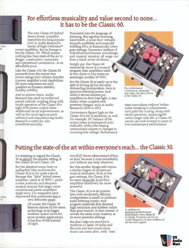Audio Research Classic 60 TUBE Power Amplifier with box and manual nice ...