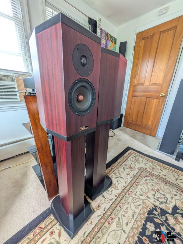 Tyler Acoustics D4 Monitors in Ribbon mahogany w/ Corian stands!Trades ...
