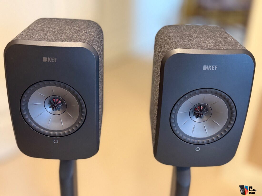 KEF LSX Speakers v. 1 in Black cloth, with KEF custom stands; cables ...