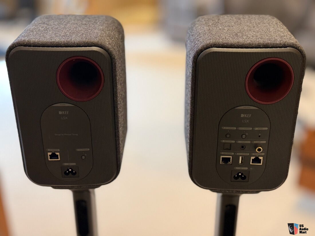 KEF LSX Speakers v. 1 in Black cloth, with KEF custom stands; cables ...
